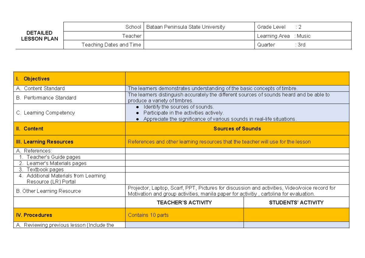 Lesson Plan on Sound Sources for Music Education - Grade 2 - Studocu