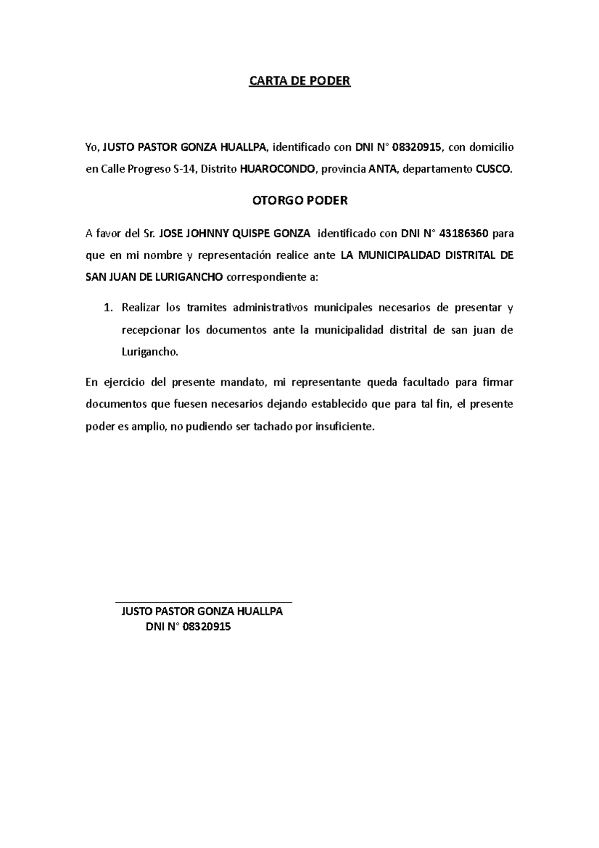 Carta DE Poder- Justo - notarial - CARTA DE PODER Yo, JUSTO PASTOR ...