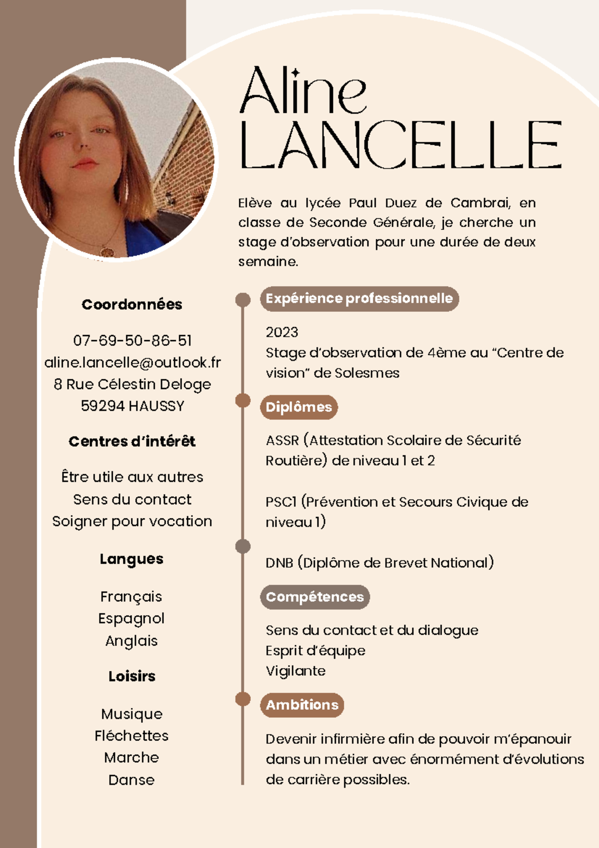 CV Professionnel - Aline LANCELLE - Stage de 2 Semaines - Studocu