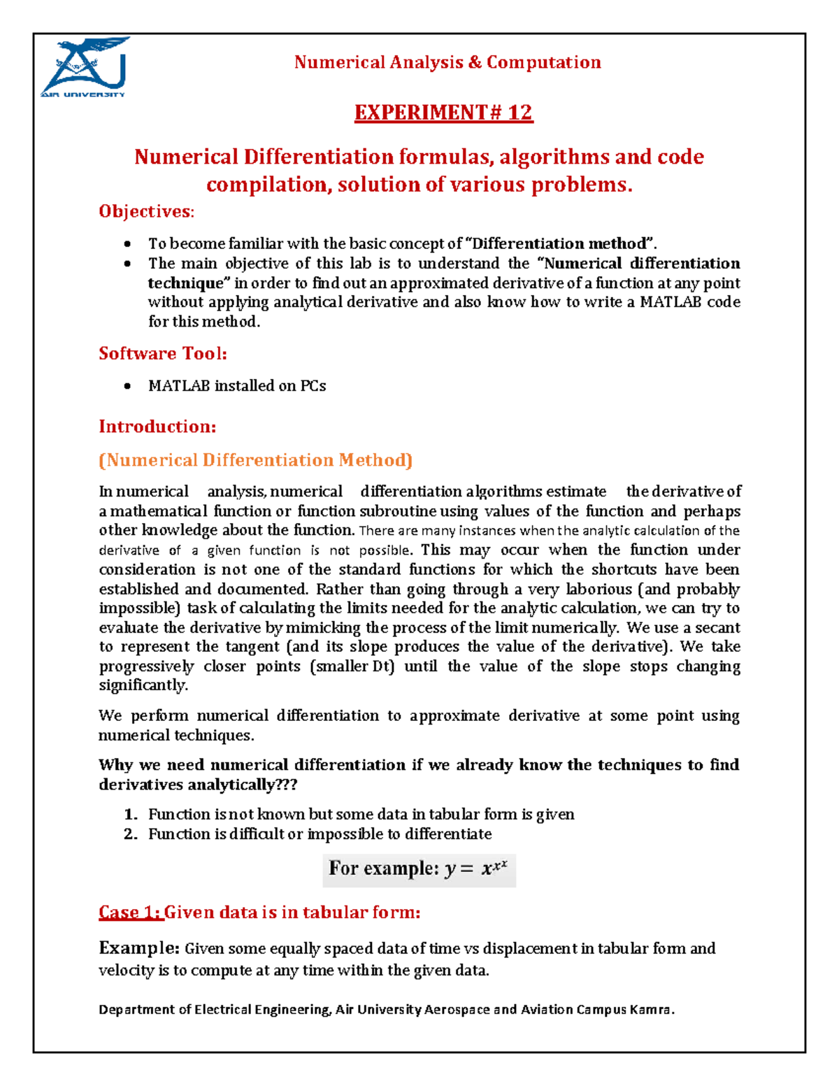 NA&C Lab 12: Numerical Differentiation Methods & MATLAB Solutions - Studocu