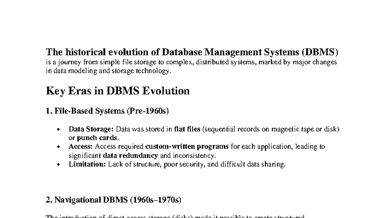 Introduction to Database Management Systems (CS101) - Evolution and Components - Studocu