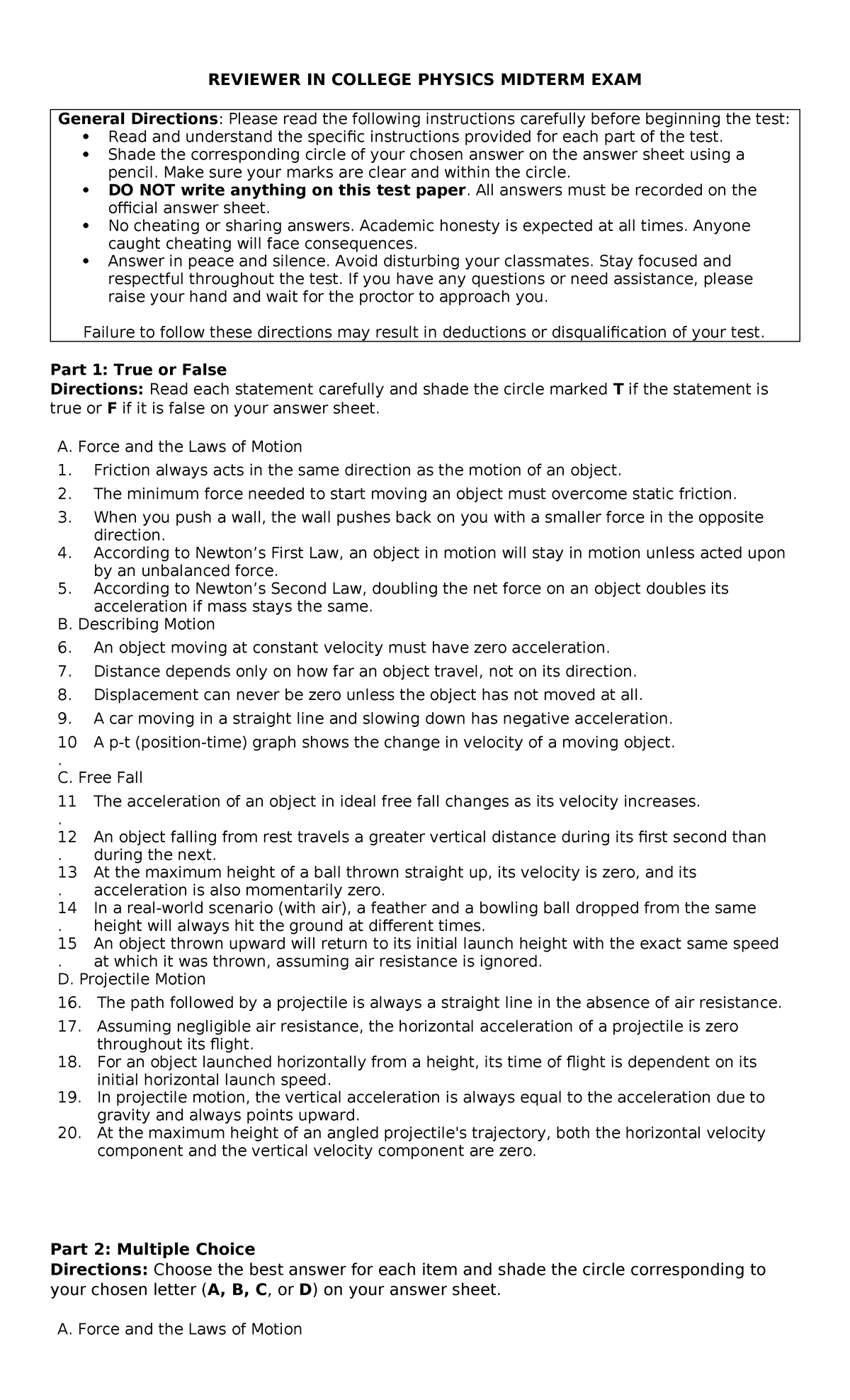 College Physics 1 - Midterm Exam Reviewer Guide - Studocu