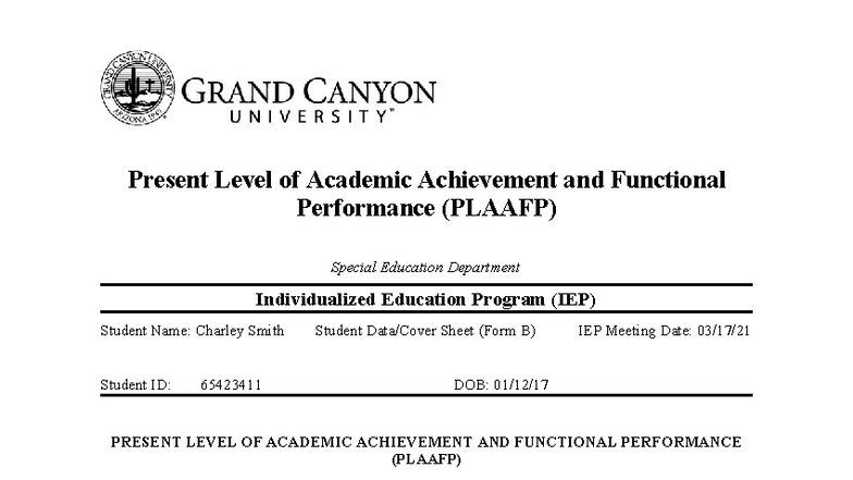 IEP Document for Charley Smith: Present Level of Academic Achievement ...