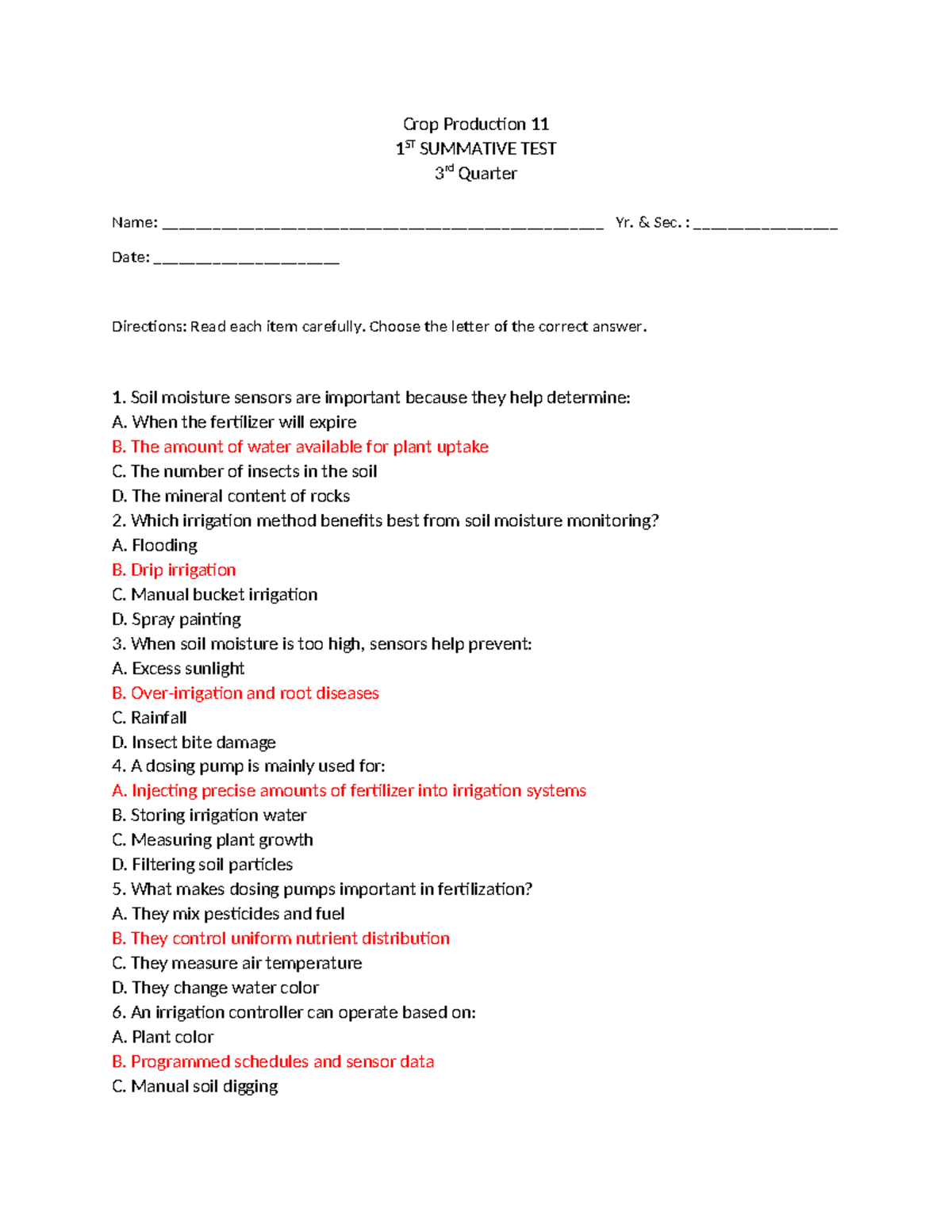 Crop Production 11 1ST SUMMATIVE TEST Answer Key - 3rd Quarter - Studocu