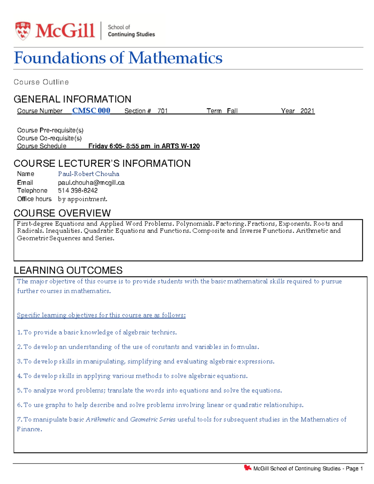 Foundations of Mathematics Course Outline CMSC-000 Fall 2021 701 - Studocu