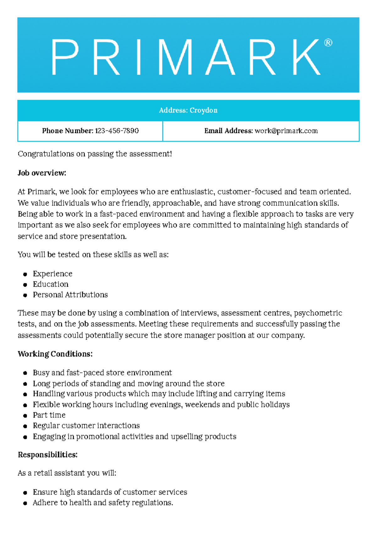 Job Offer Letter for Retail Assistant Position at Primark - Studocu