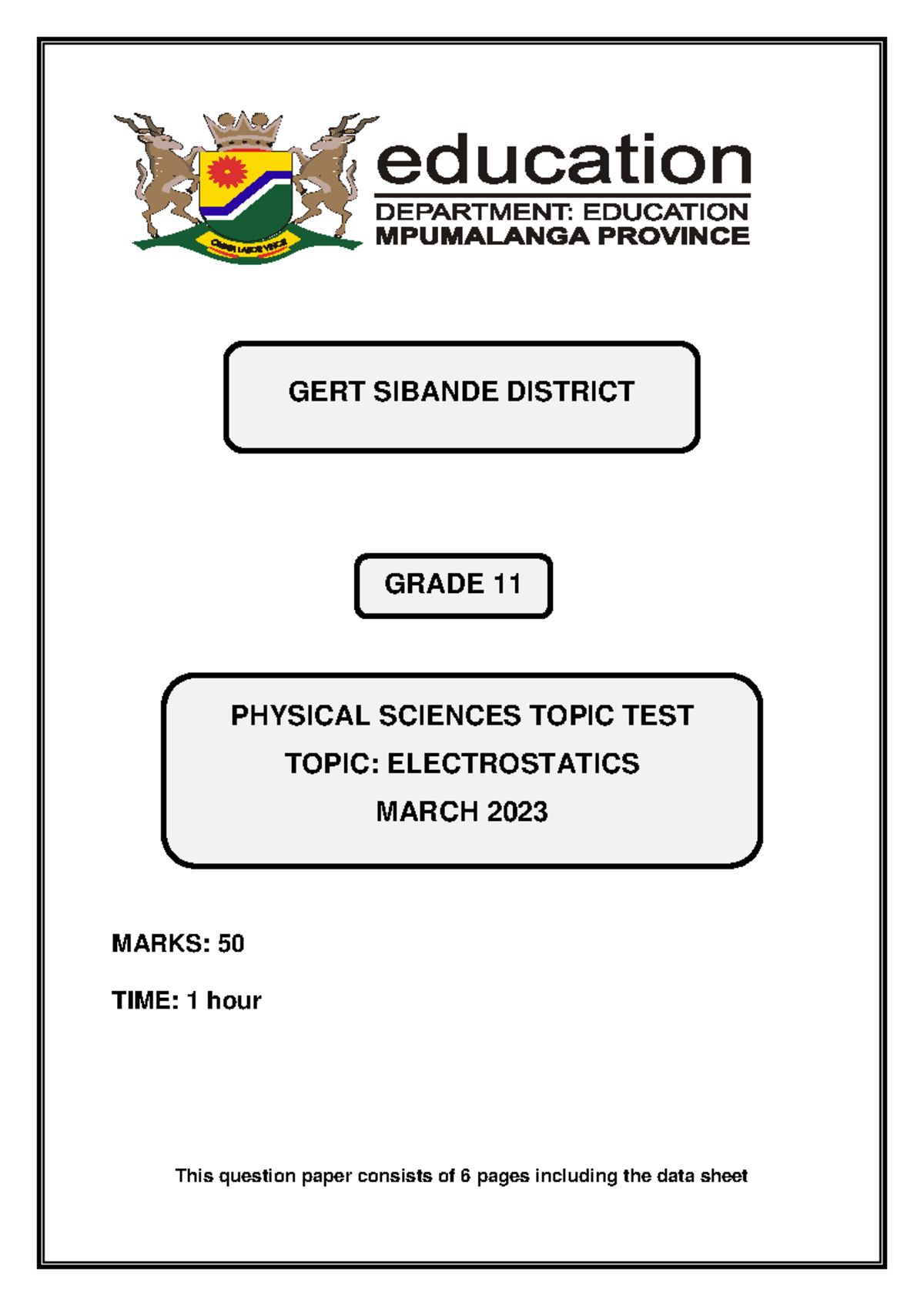 Grade 11 Electrostatics Topic Test QP - March 2023 - Studocu