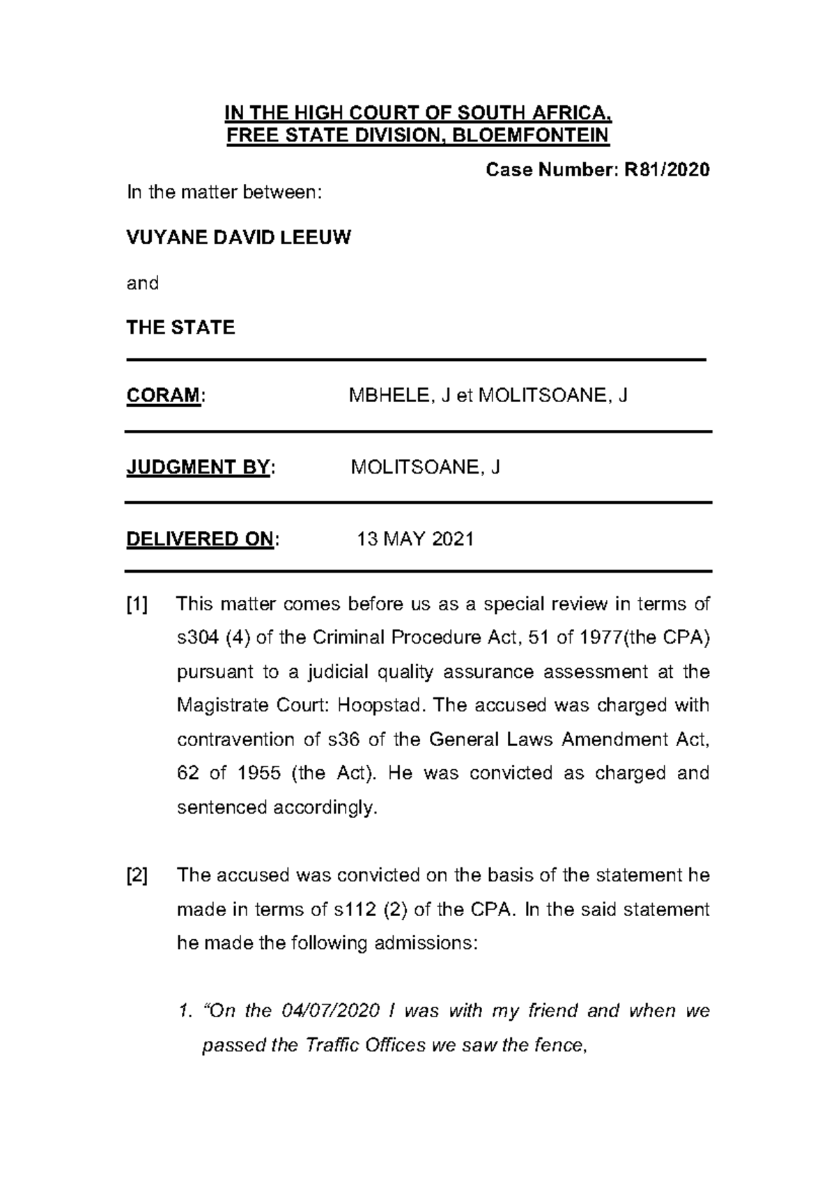 Review of Section 36 Conviction: Criminal Procedure Act Analysis - Studocu