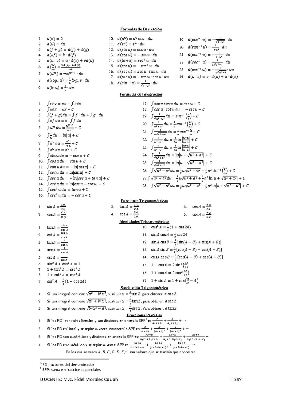 Formulas de Integración y Derivación para Cálculo 𝑀𝑎𝑡𝑒𝑚á𝑡𝑖𝑐𝑎 - Studocu