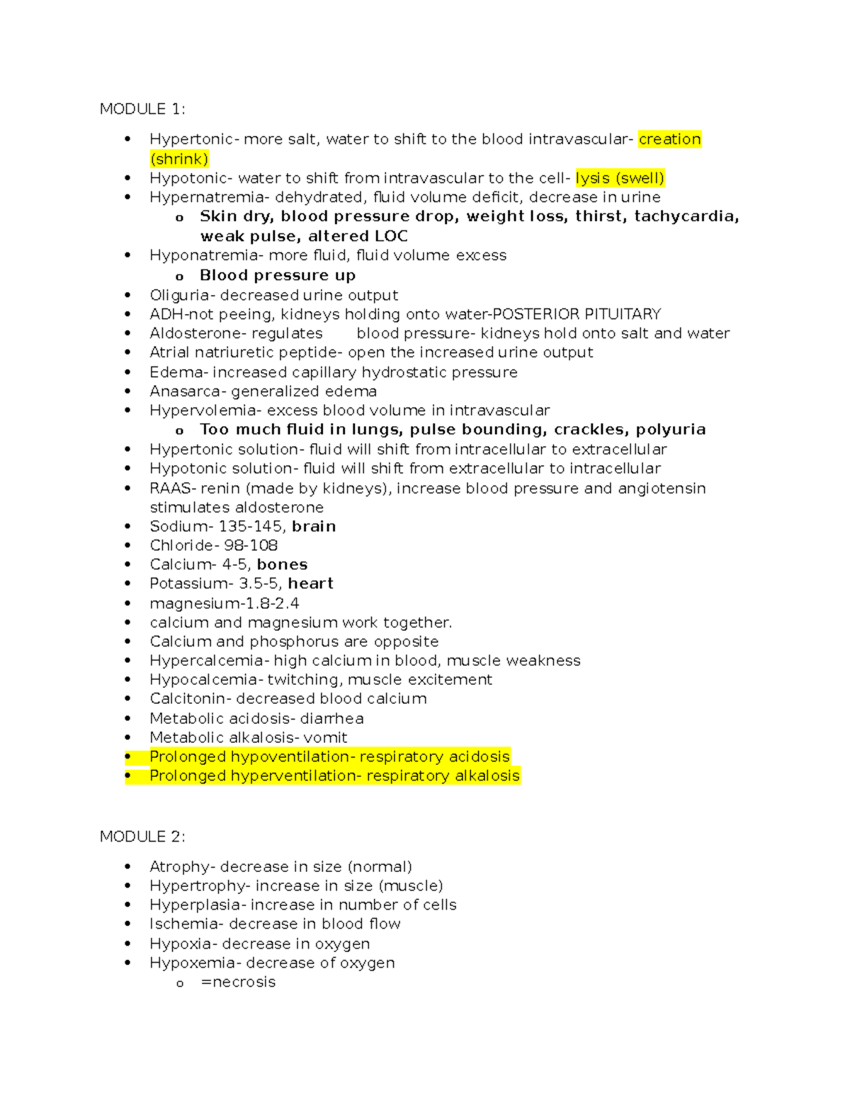 Pathophysiology final - MODULE 1: Hypertonic- more salt, water to shift ...