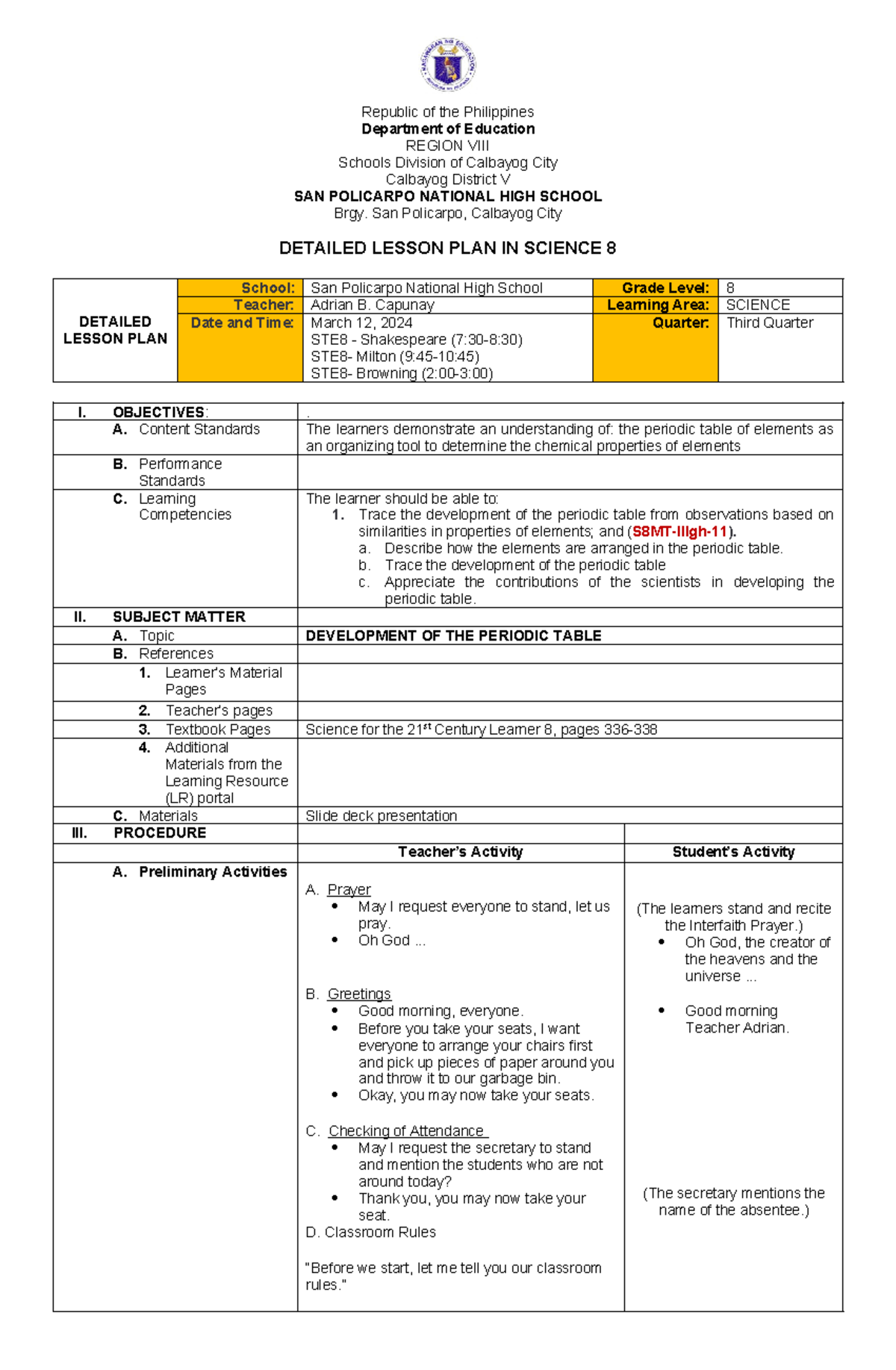 Detailed Lesson Plan in Science 8: Development of the Periodic Table ...