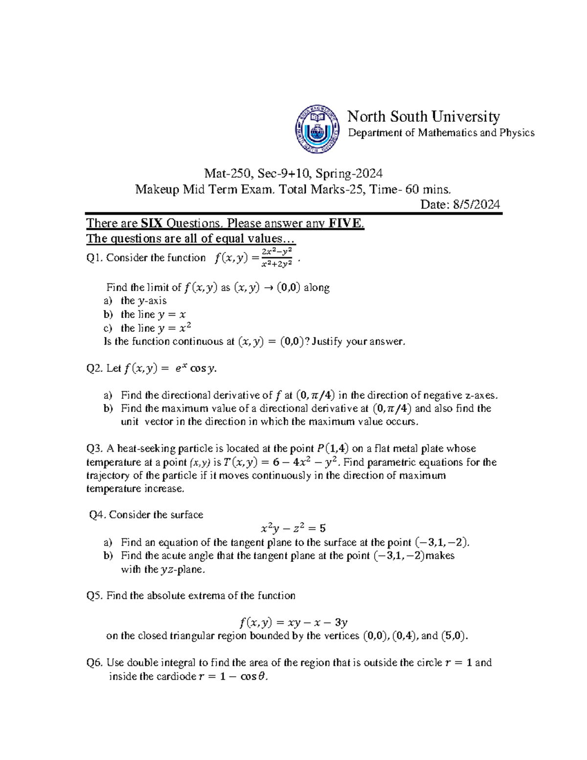 Makeup Midterm Exam MT 250 Sec 9 & 10 - Spring 2024 - Studocu