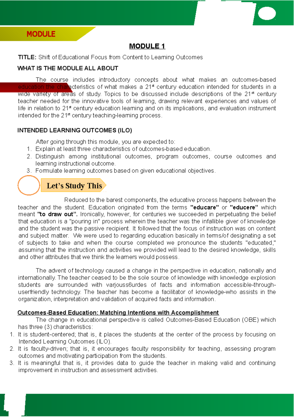 Module 1: Educational Focus Shift to Learning Outcomes in OBE - Studocu