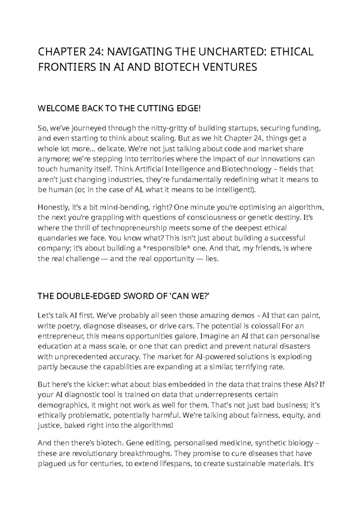 CHAPTER 24: ETHICAL FRONTIERS IN AI & BIOTECH VENTURES - Studocu