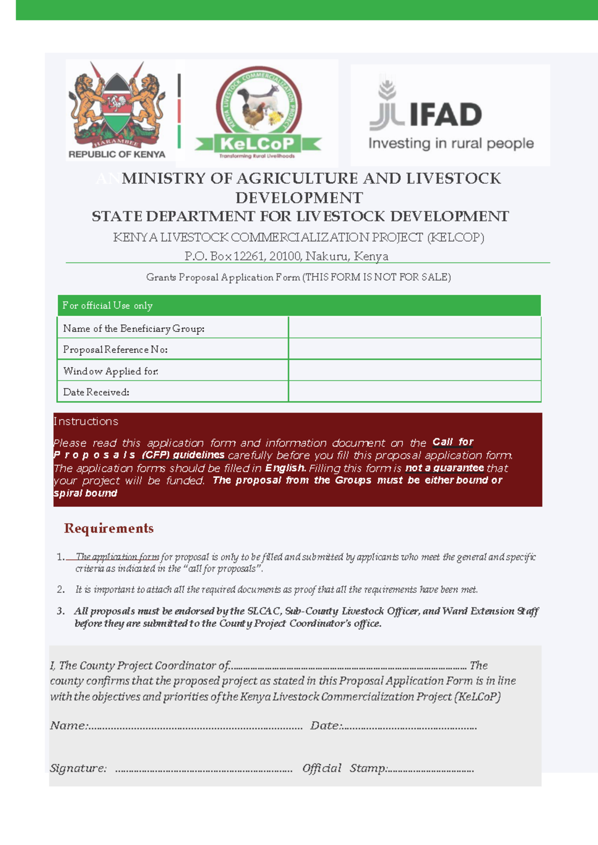 Grants Application Form for Kenya Livestock Commercialization Project ...
