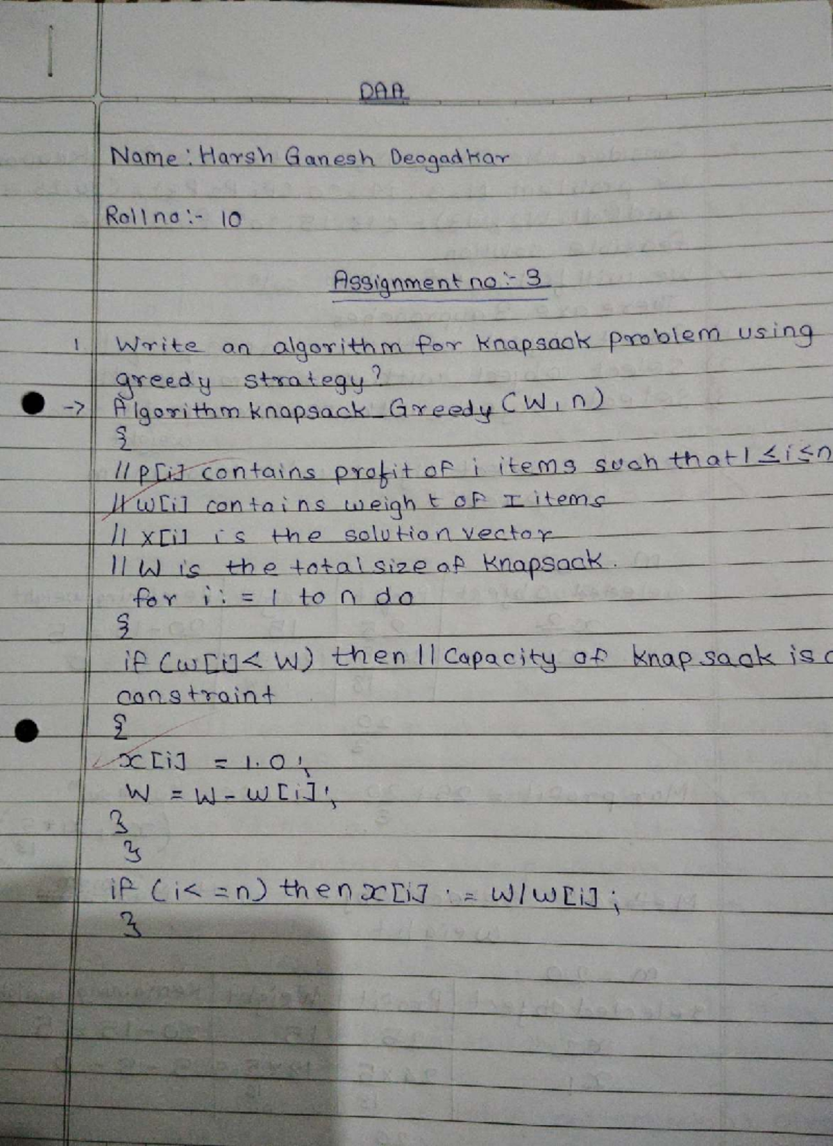 DAA 3 - Algorithm for Knapsack Problem Using Greedy Strategy - Studocu