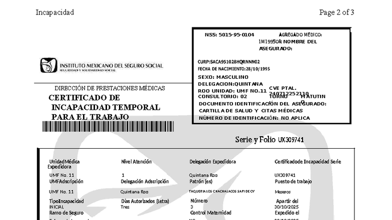 Certificado de Incapacidad Temporal - IMSS 1M1995OR - Studocu