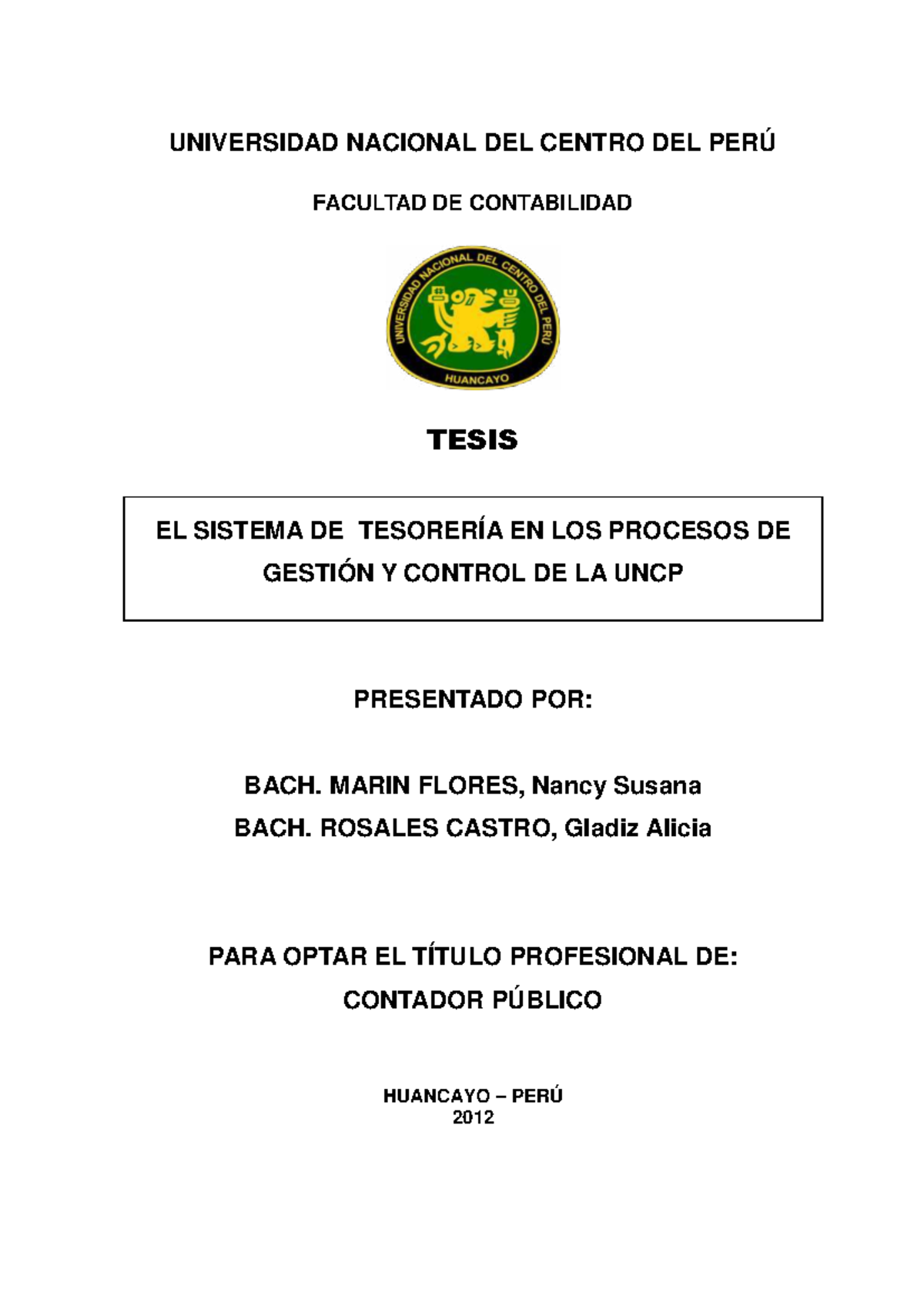 Tesis UNCP: Sistema de Tesorería en Gestión y Control - Studocu