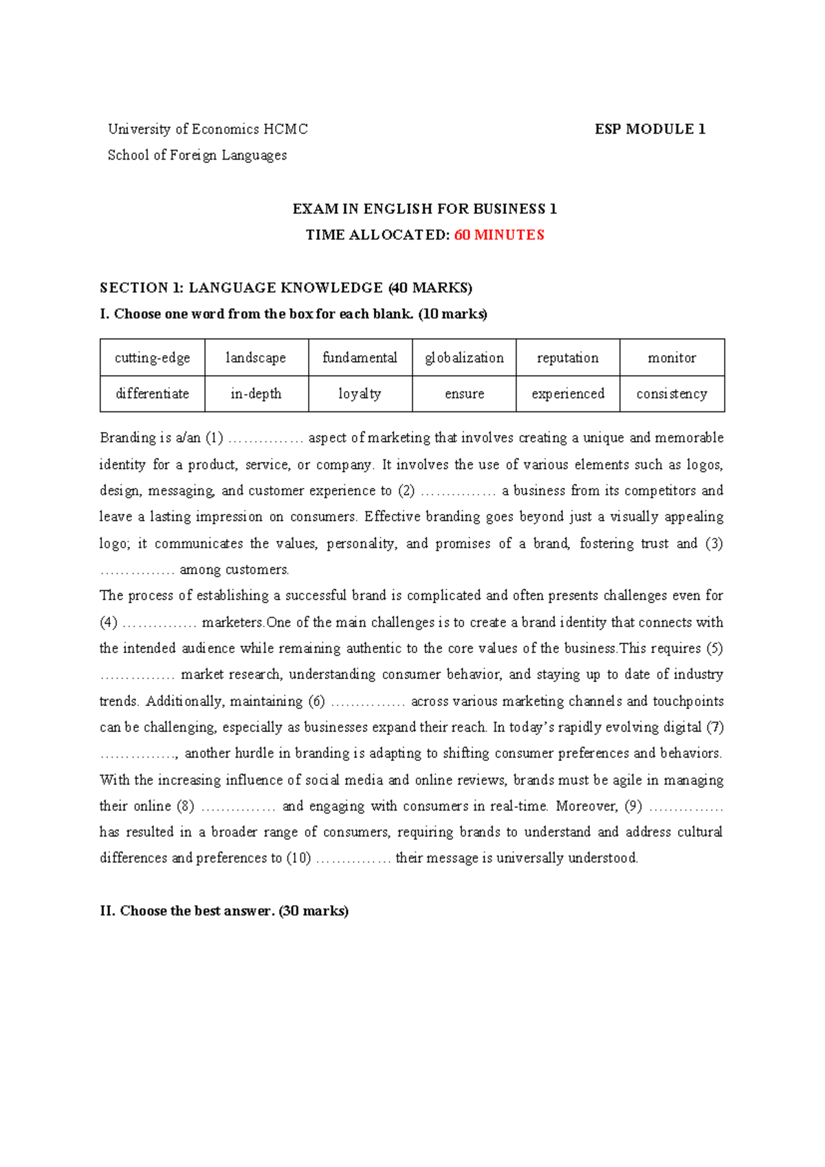 ESP MODULE 1: English for Business Exam - University of Economics HCMC ...
