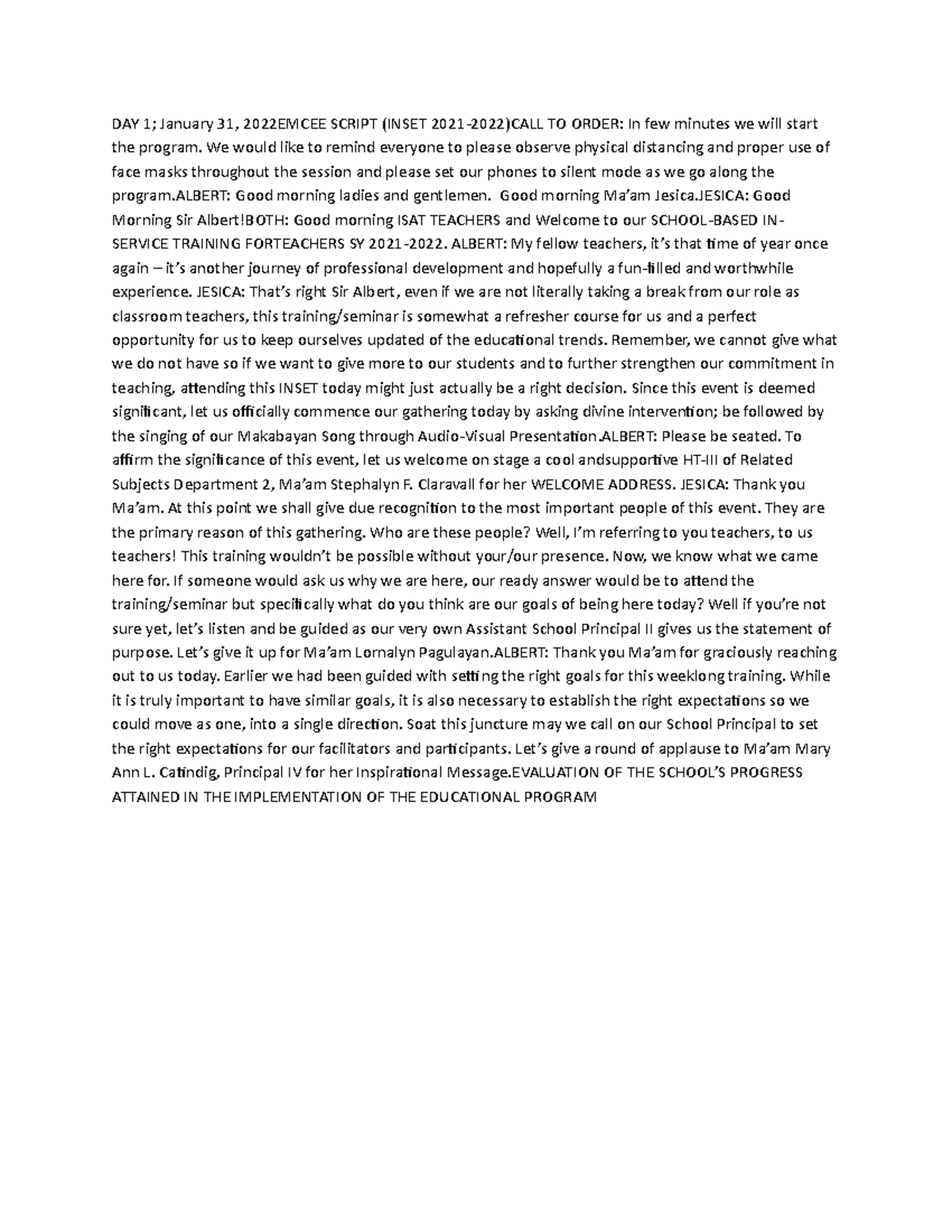 Emcee Script for ISAT Training Program (INSET 2021-2022) - Studocu