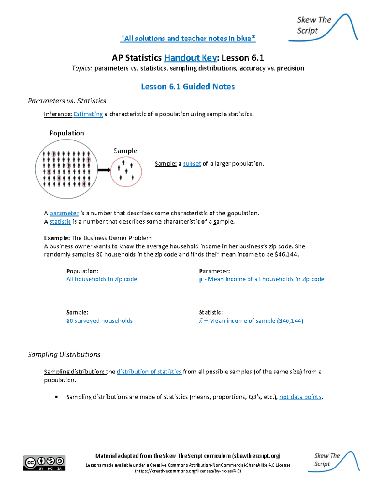 AP Stats 6.1 Handout Key: Parameters, Statistics & Sampling Distributions - Studocu