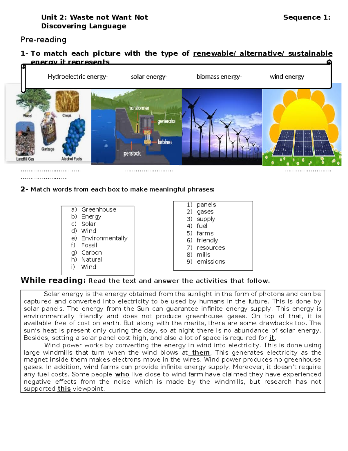 Unit 2: Renewable Energy Resources - Jigsaw Activity and Exercises ...