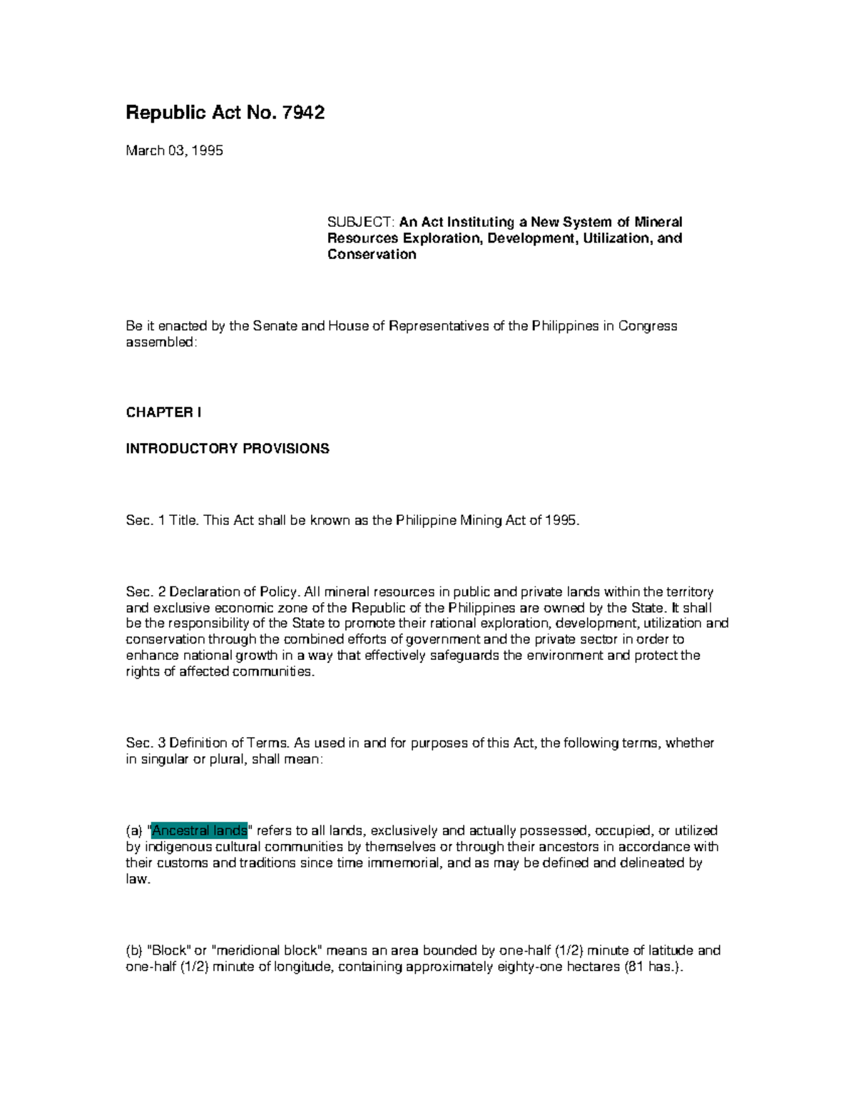 RA 7942 - Overview of the Philippine Mining Act of 1995 - Studocu