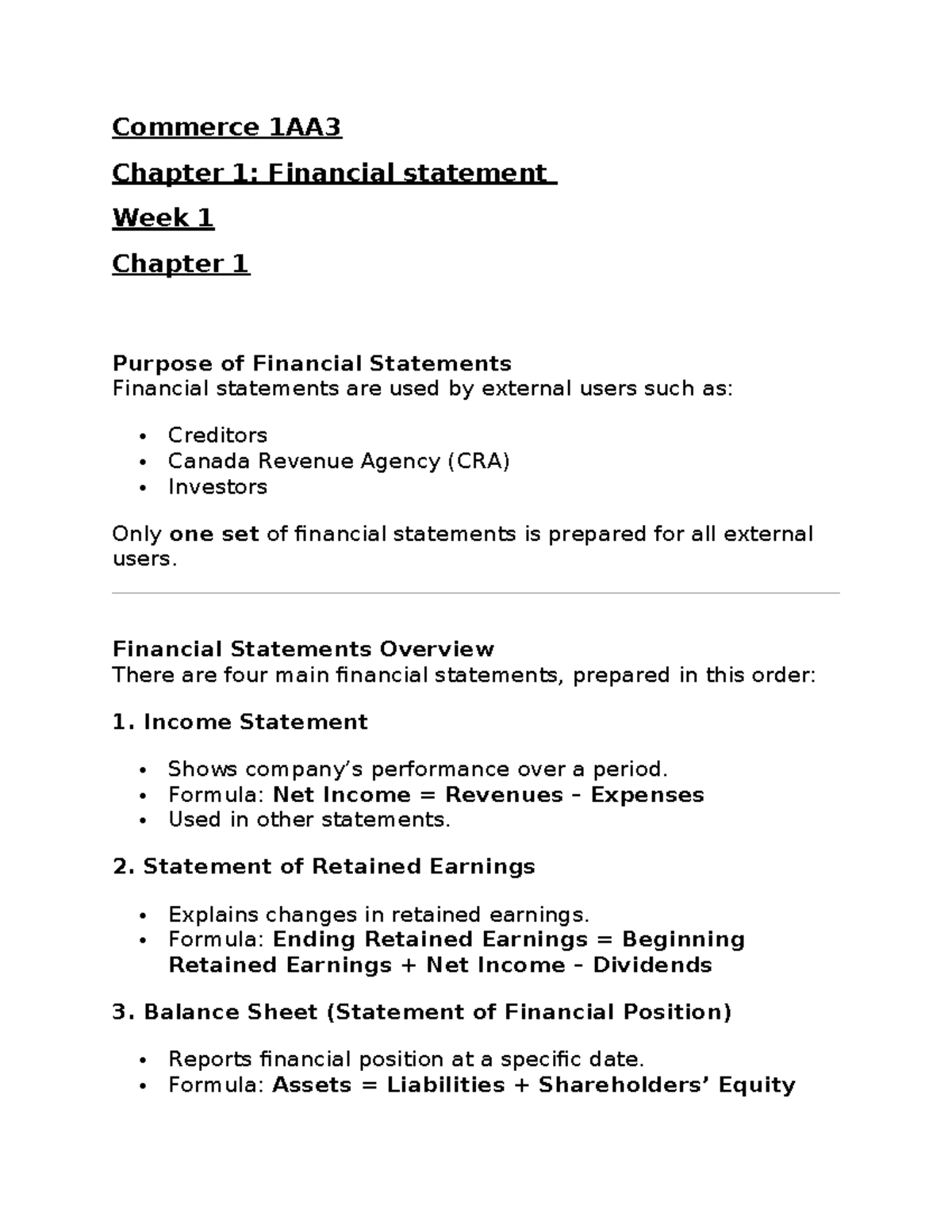 Commerce 1AA3 Chapter 1: Overview of Financial Statements - Studocu