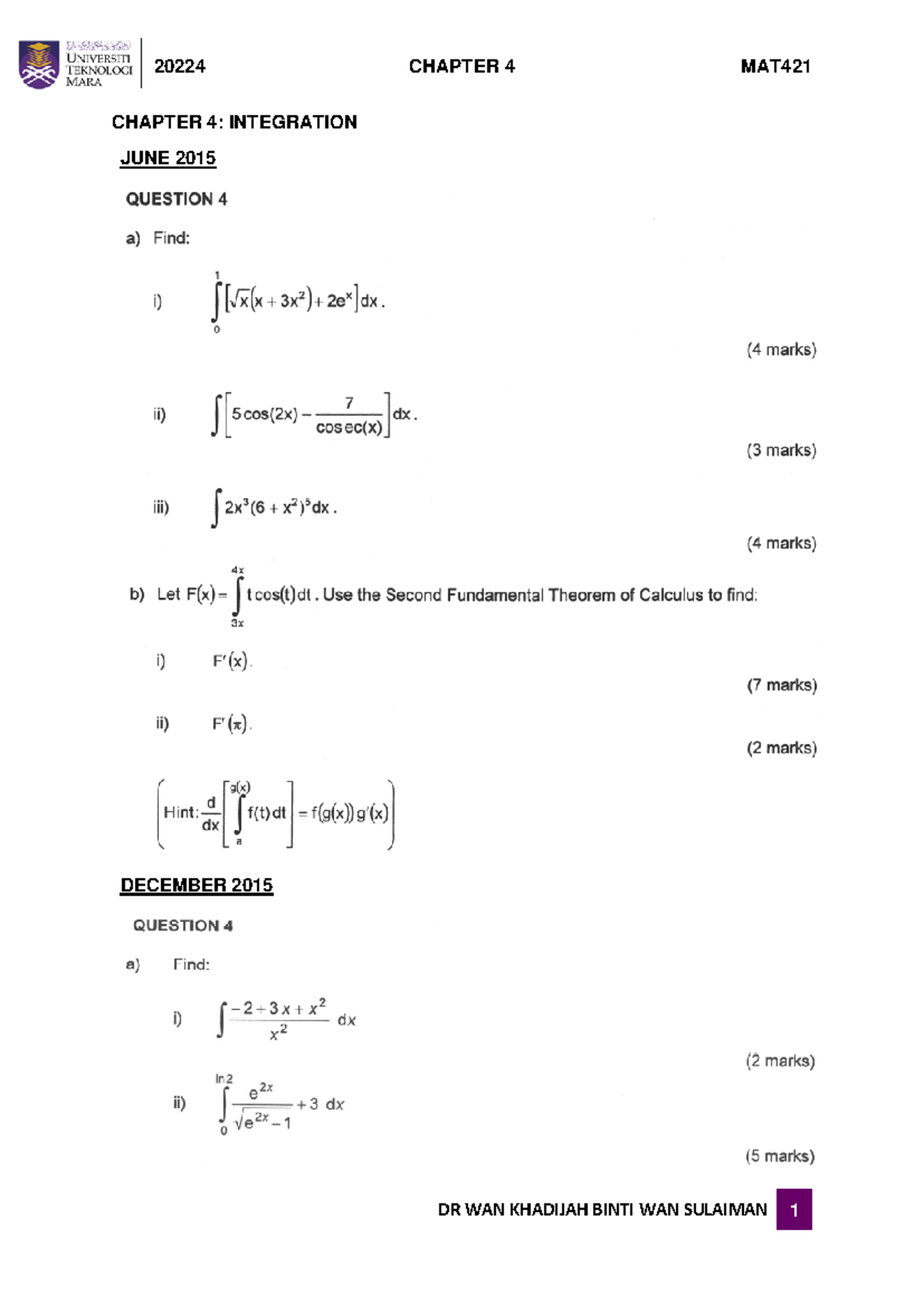 Tutorial - Chapter 4 - Integration - Calculus I - CHAPTER 4: INTEGRATION JUNE 2015 DECEMBER 2015 ...