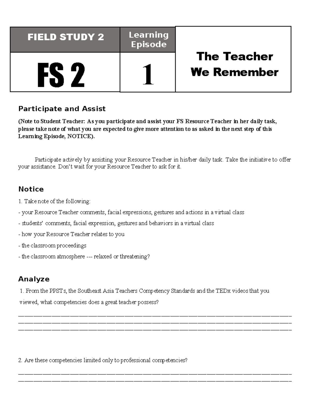FIELD STUDY 2 FS 2 Learning Episode 1: The Teacher We Remember - Studocu