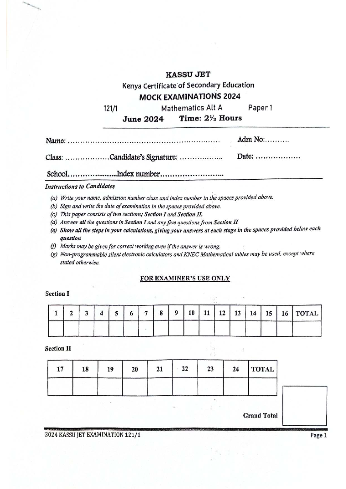 KASSU JET KCSE 2024 Mock Exam Mathematics Alt A Paper 1 - Studocu