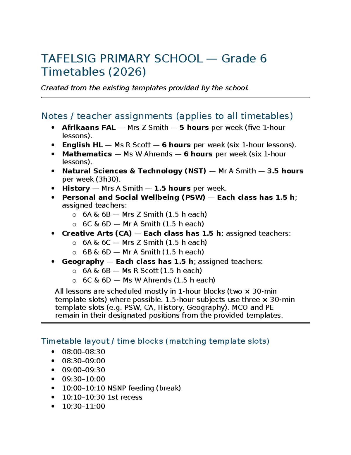 Grade 6 Timetables for Tafelsig Primary School (2026) - Studocu