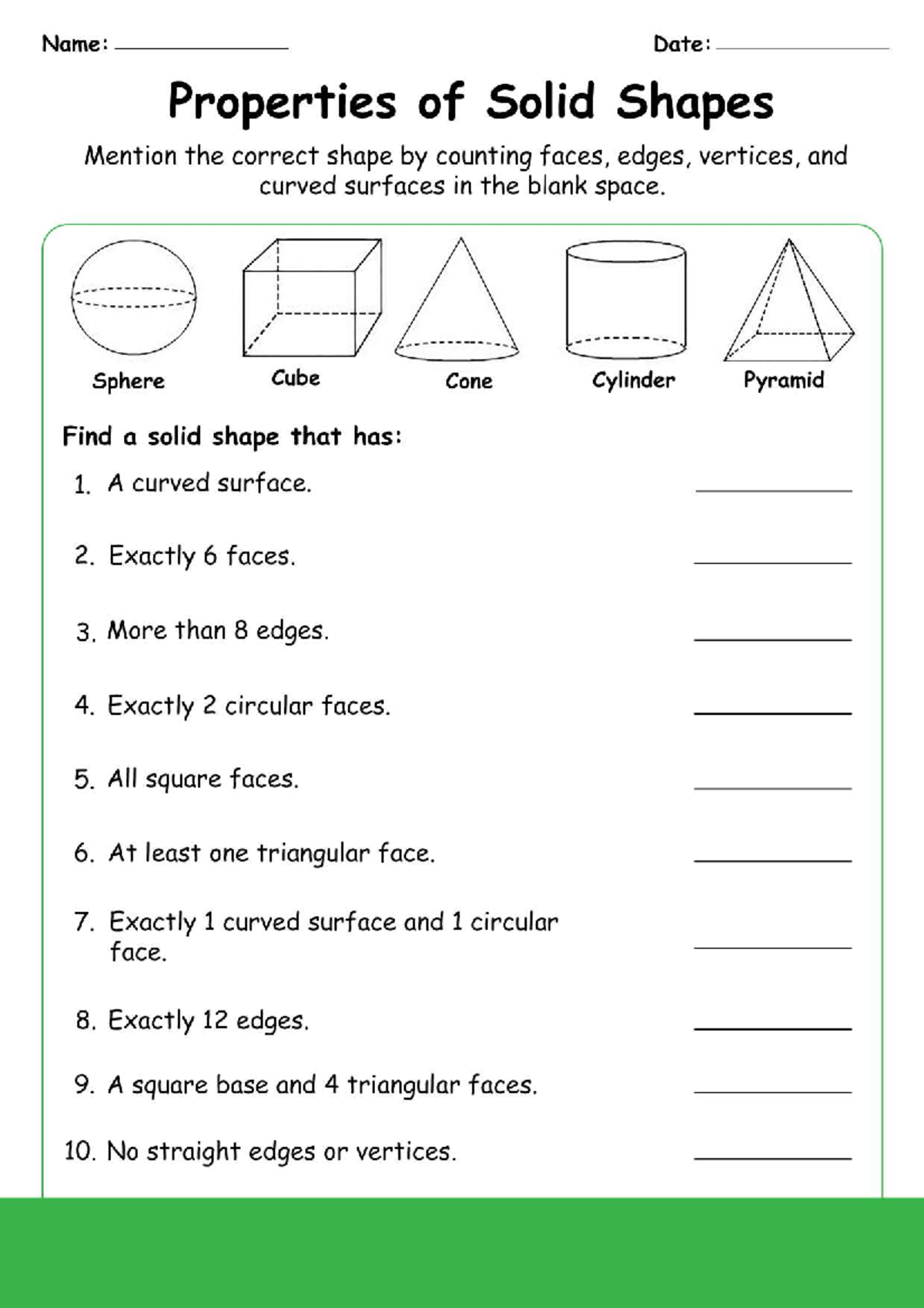 Properties of Solid Shapes - Kindergarten Worksheet - Name: Date ...