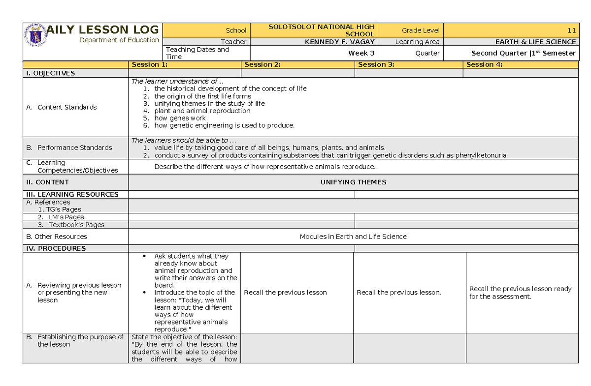 DLL ELS Q2 W3 - Daily Lesson Log for Earth Life Science - Studocu