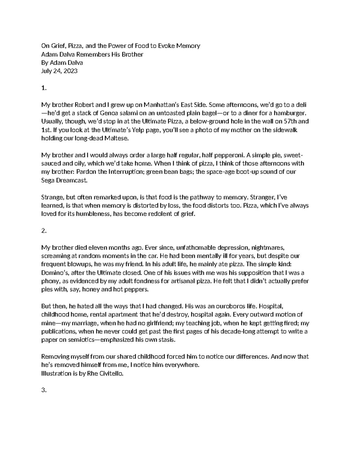 On Grief and Pizza: Memories of My Brother by Adam Dalva - Studocu