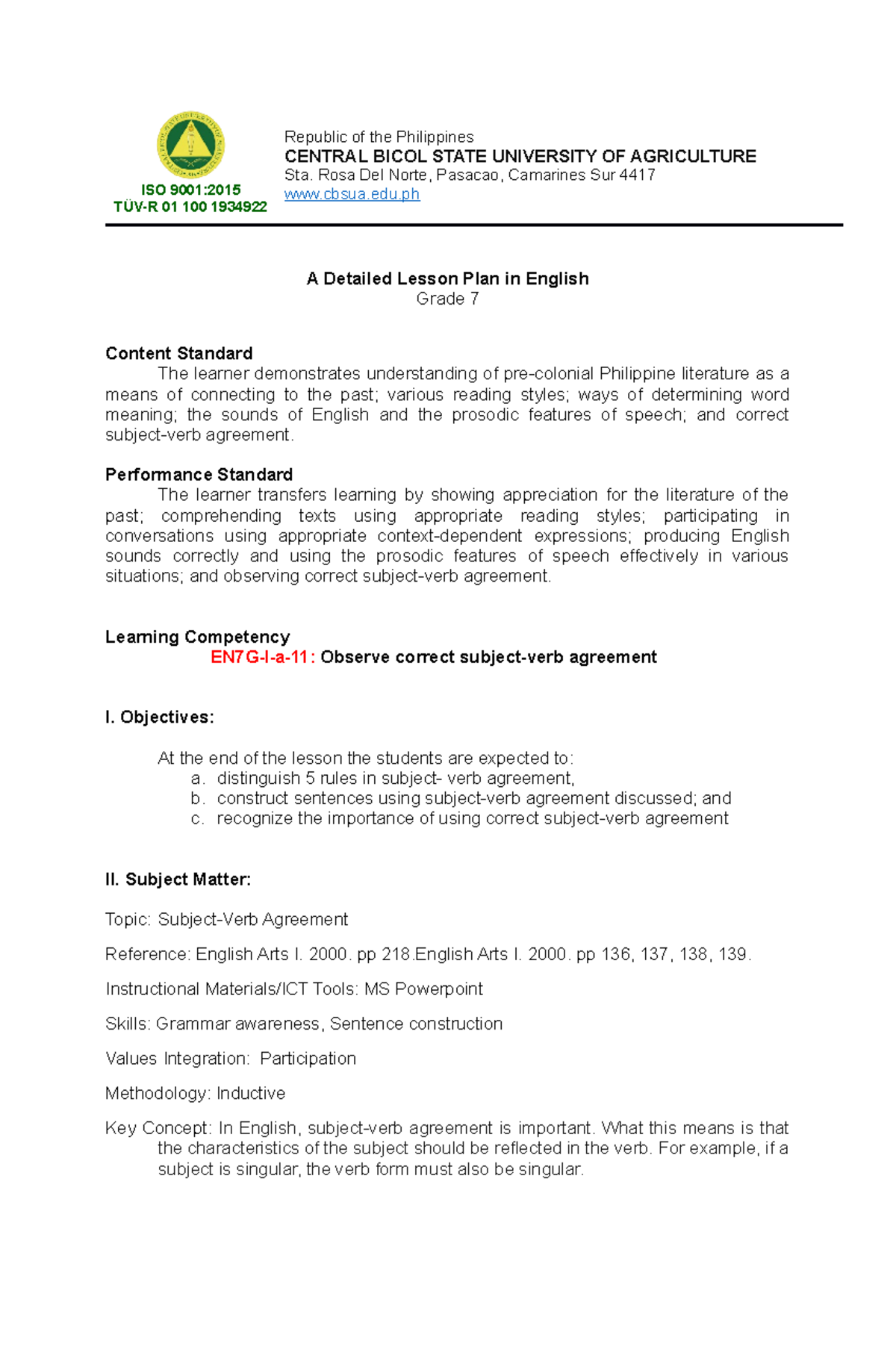 Detailed Lesson Plan: Subject-Verb Agreement (EN7G-I-a-11) - Studocu