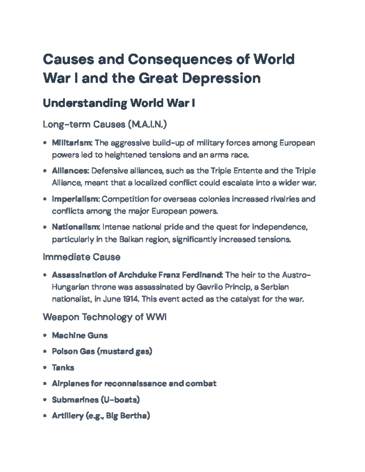 Causes and Effects of WWI and the Great Depression (HIST 101) - Causes ...