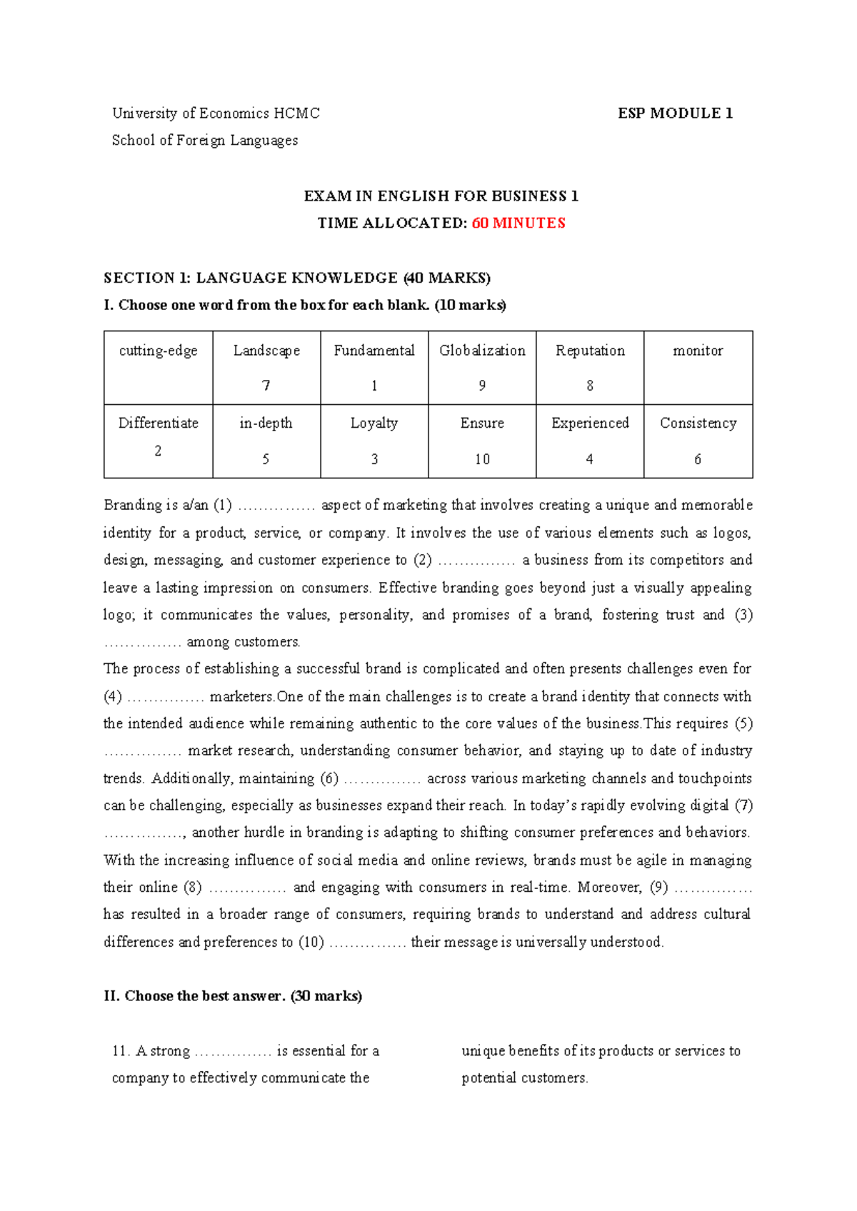 COB1 Sample TEST 2025 - English for Business Exam - Studocu