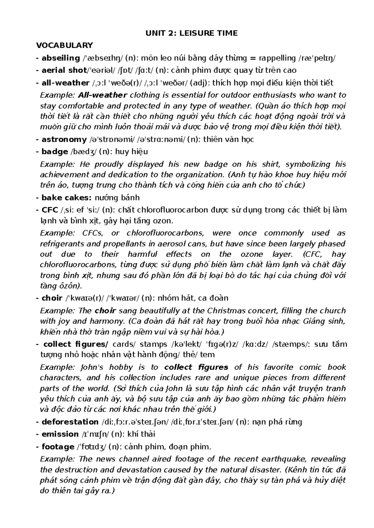 11-UNIT 2: LEISURE TIME VOCABULARY & GRAMMAR NOTES - Studocu