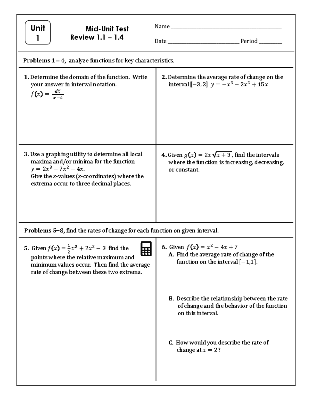 APPC Unit 1.1-1.4 Test Review: Analyzing Functions & Rates of Change ...