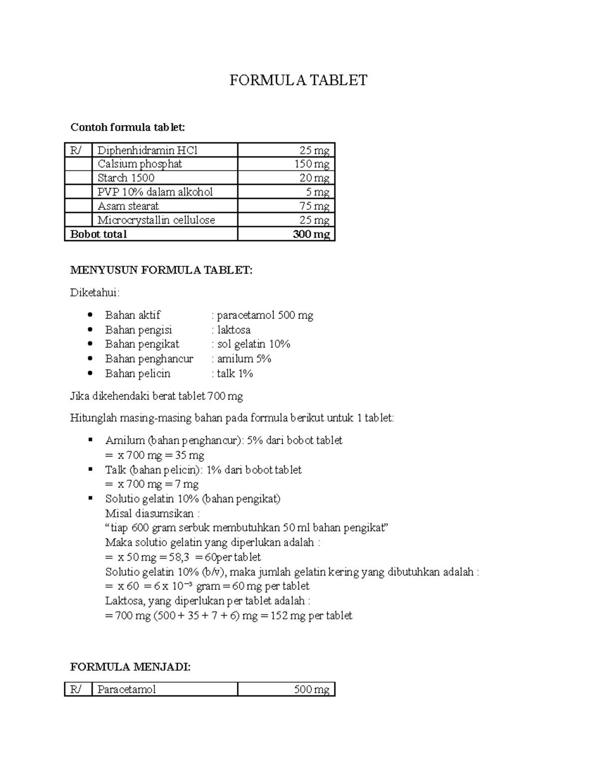 Pembahasan Formula Tablet: R/ Paracetamol & Komposisi Lengkap - Studocu