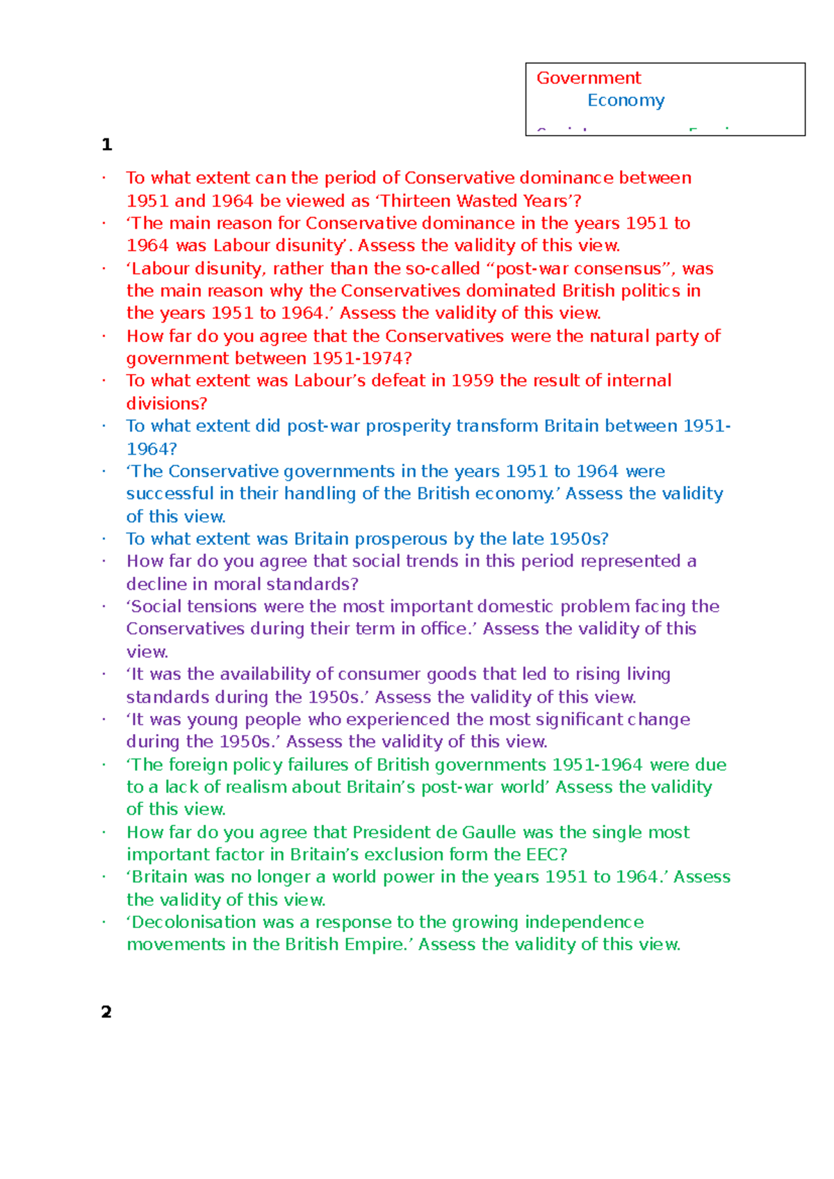 Government Economy 1 2 Society: Practice Questions on British Politics ...