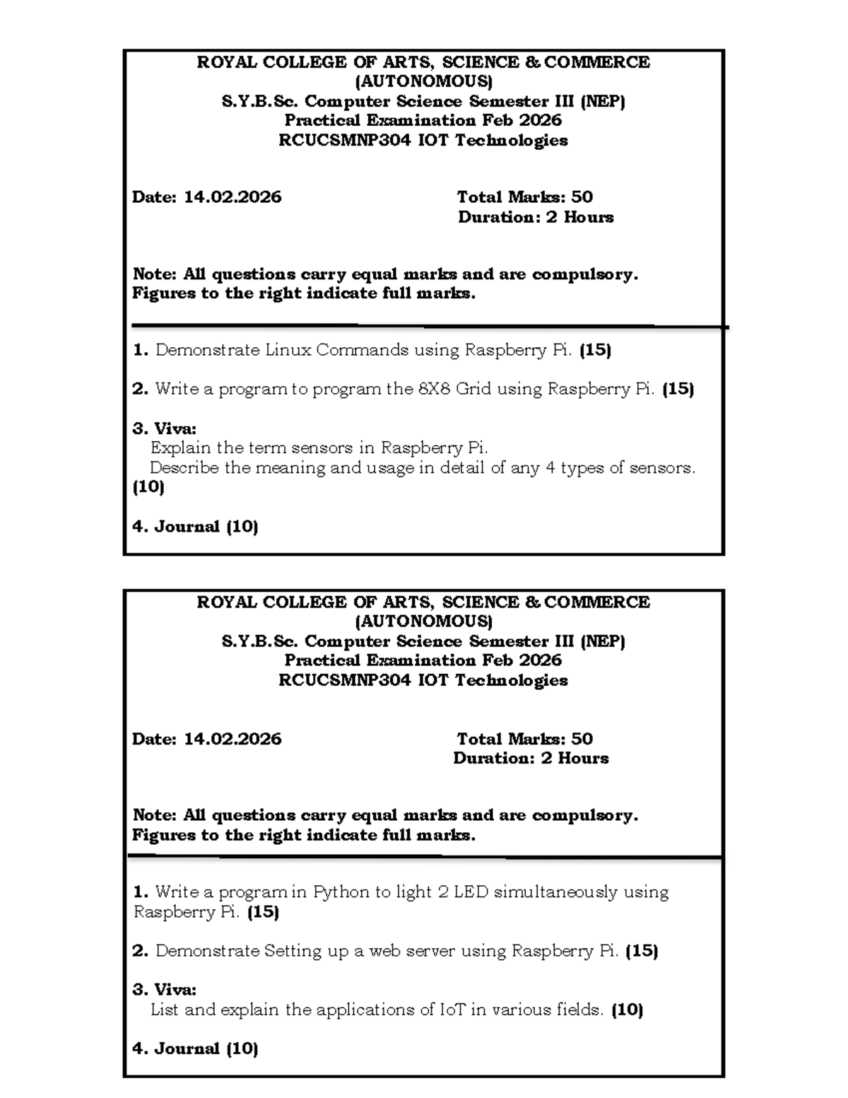 S.Y.B.Sc. Computer Science RCUCSMNP304 IOT Practical Exam Questions ...