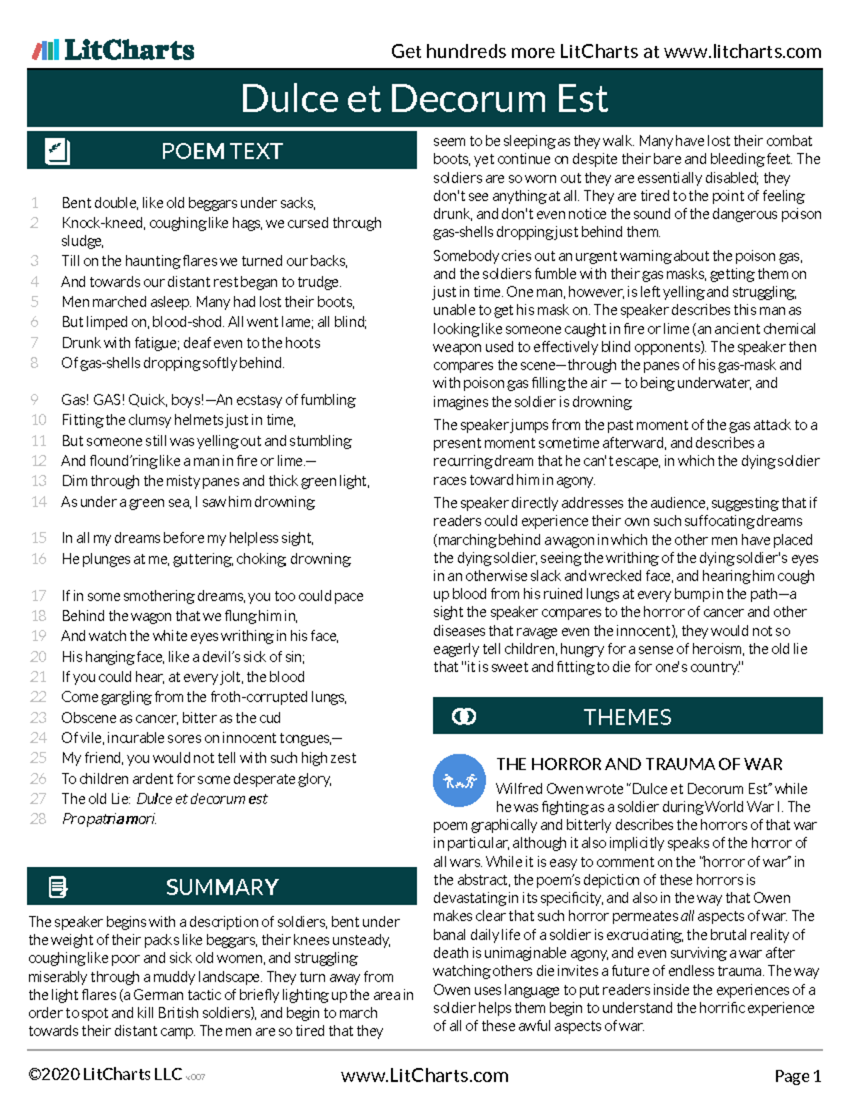 LitCharts Summary & Analysis of "Dulce et Decorum Est" (POEM) - Studocu