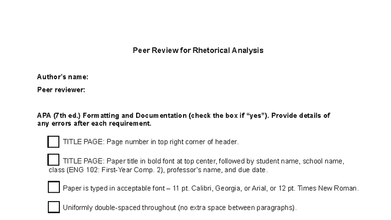 ENG 102: Comp. 2 Peer Review for Rhetorical Analysis - APA Formatting ...