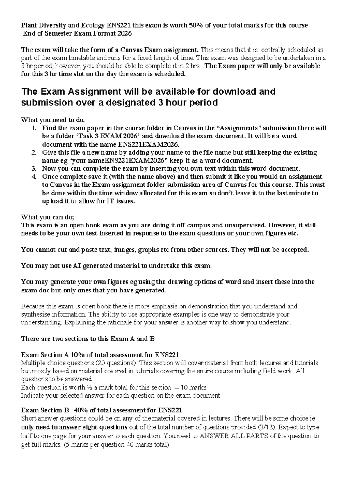 ENS221 Plant Diversity & Ecology End of Semester Exam Format 2026 - Studocu