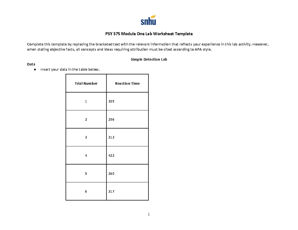 PSY 375 Simple Detection and Visual Search Lab Worksheet - Studocu