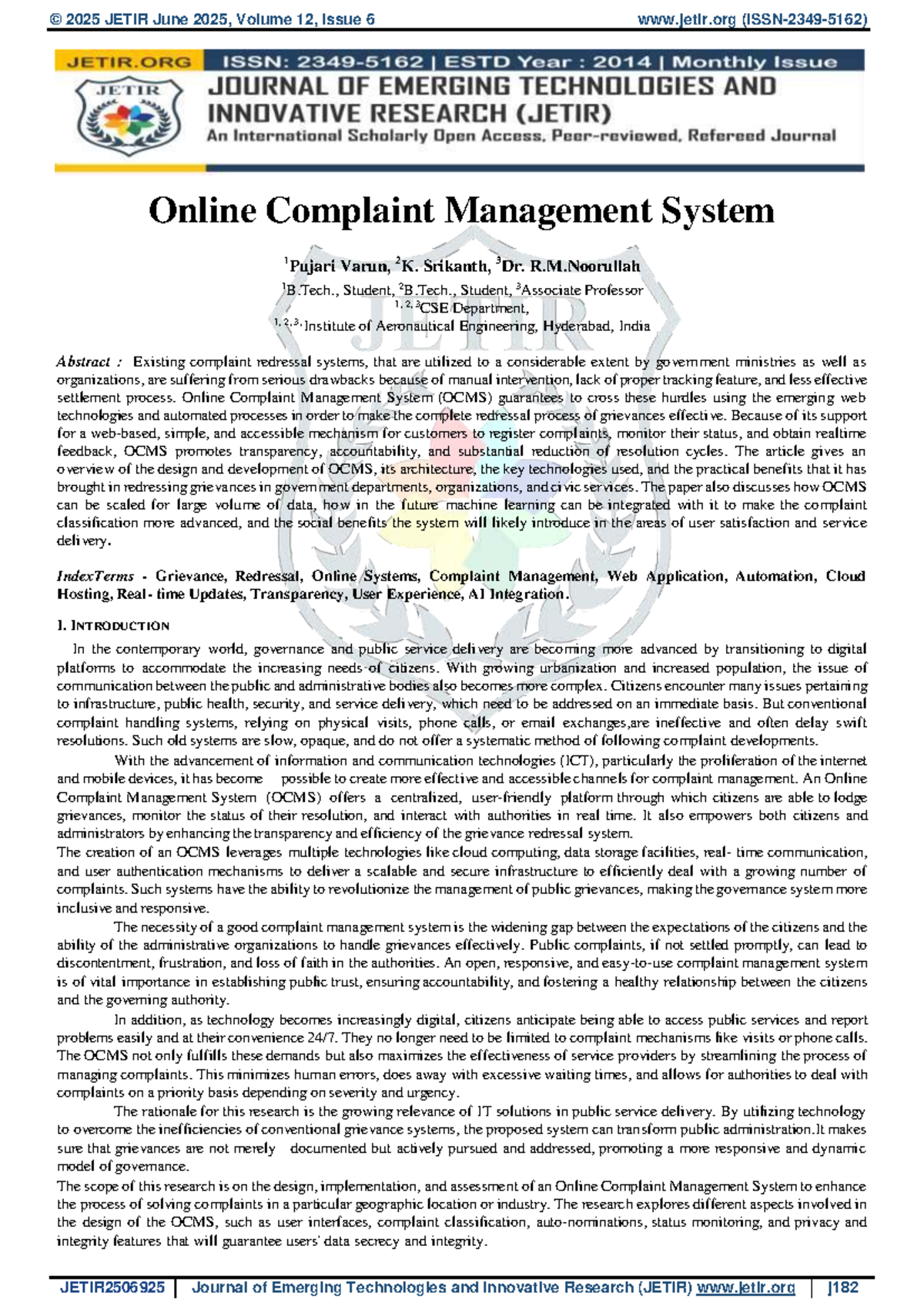 Online Complaint Management System (OCMS) - JETIR 2025, Vol 12, Issue 6 - Studocu