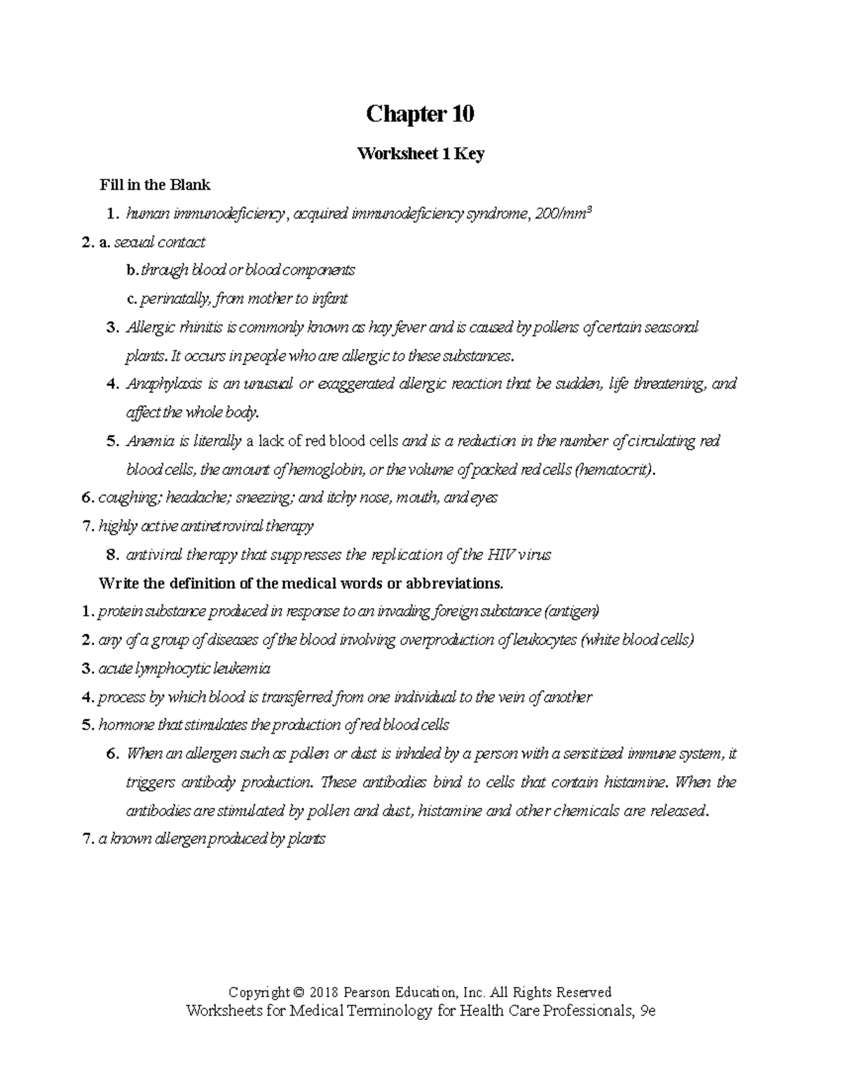 Chapter 10 Worksheet Key - Chapter 10 Worksheet 1 Key Fill in the Blank ...