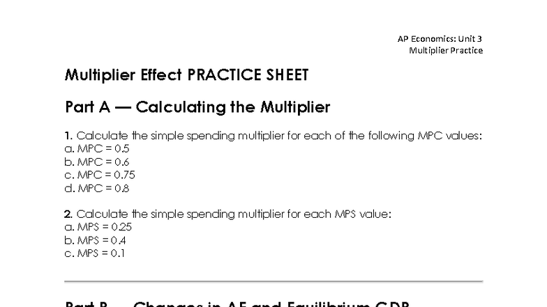 AP Economics: Unit 3 Multiplier Effect Practice Sheet - Studocu